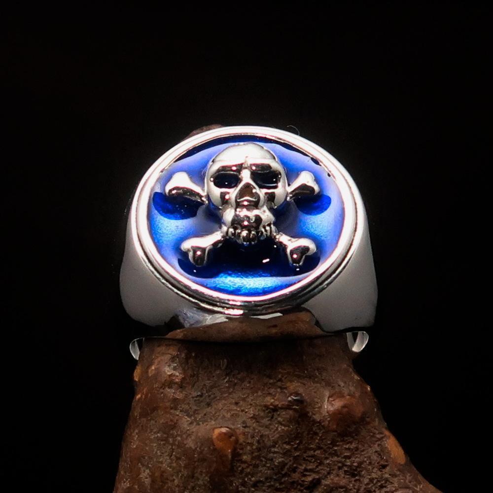 Sterling Silver Men's Pirate Ring Jolly Roger in Blue - Free Shipping