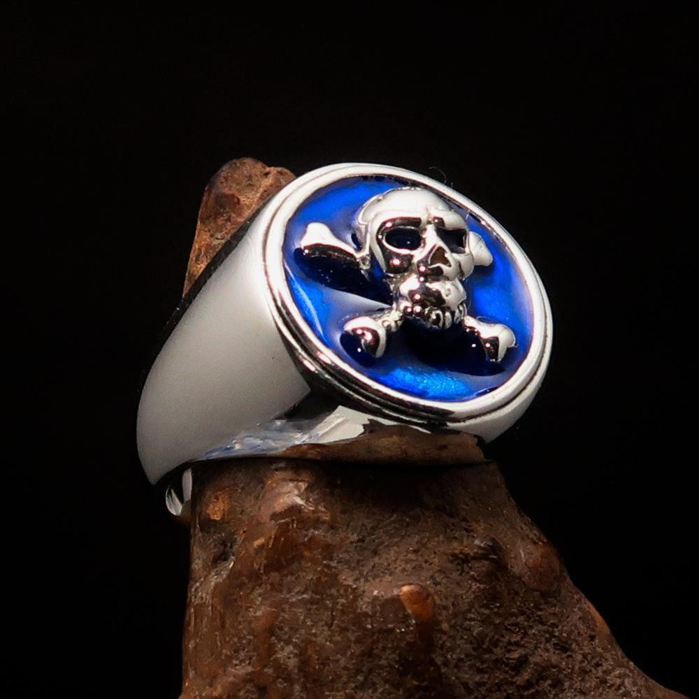 Sterling Silver Men's Pirate Ring Jolly Roger in Blue - Free Shipping